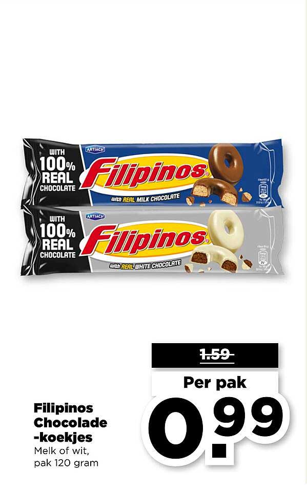 Filipinos Chocolade-Koekjes Melk Of Wit, Pak 120 Gram aanbieding bij PLUS