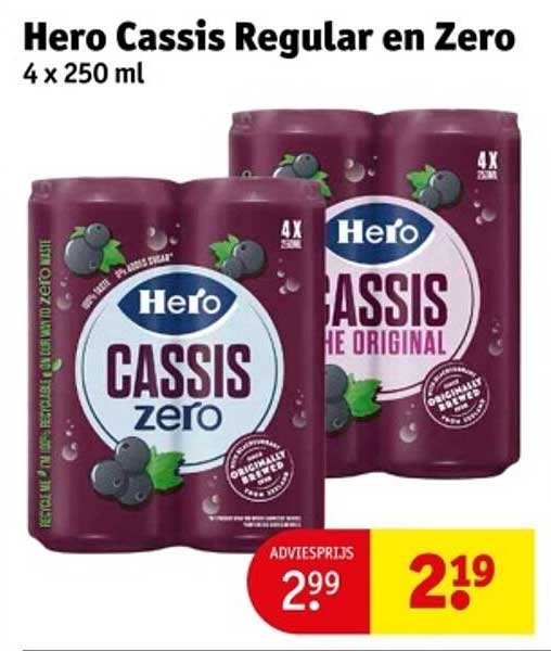 Hero Cassis Regular En Zero 4 X 250 Ml Aanbieding bij Kruidvat ...