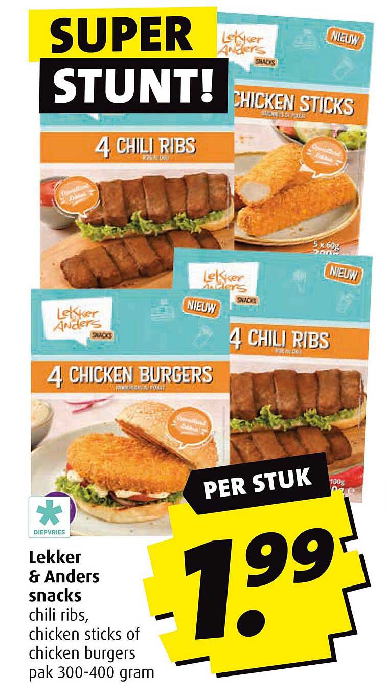 Lekker & Anders Snacks Chili Ribs, Chicken Sticks Of Chicken Burgers ...