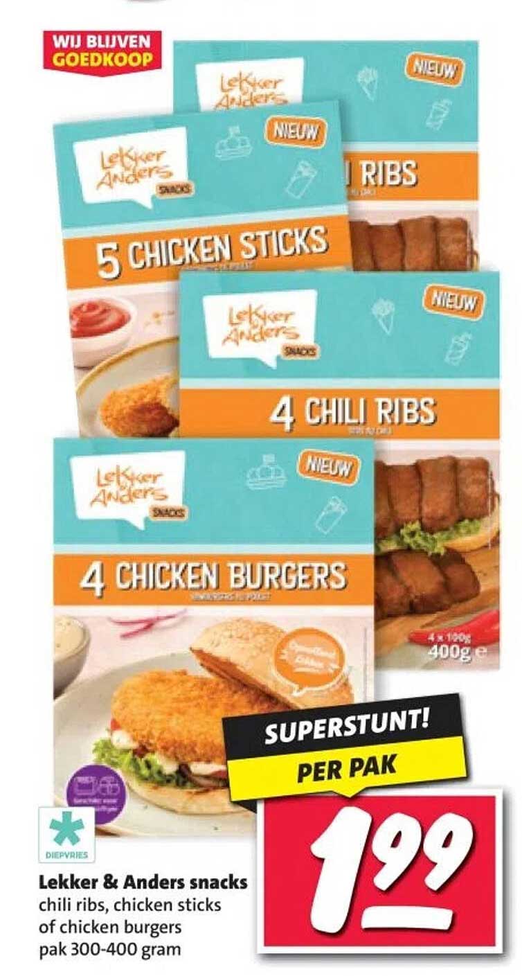 Lekker & Anders Snacks Chili Ribs, Chicken Sticks Of Chicken Burgers ...