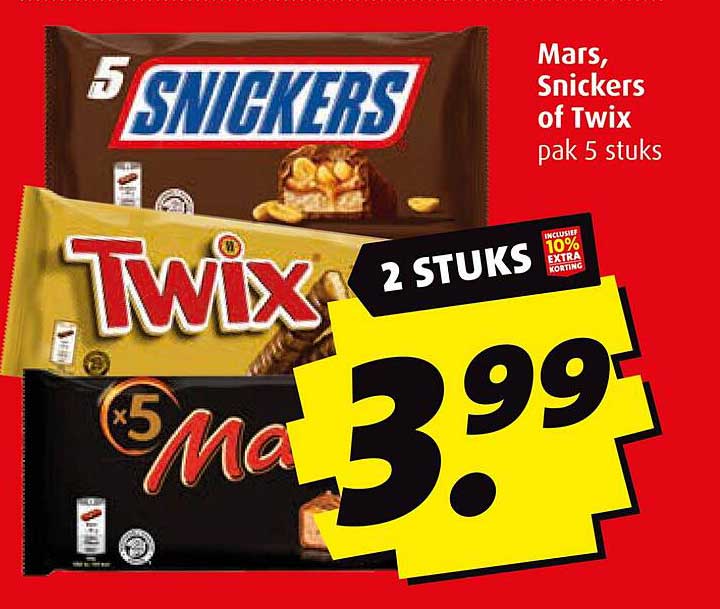 Mars, Snickers Of Twix Pak 5 Stuks aanbieding bij Boni