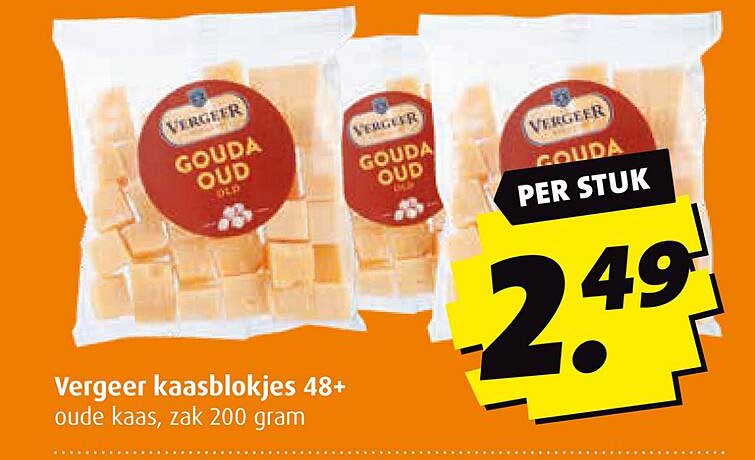 Vergeer Kaasblokjes 48+ Oude Kaas, Zak 200 Gram aanbieding bij Boni