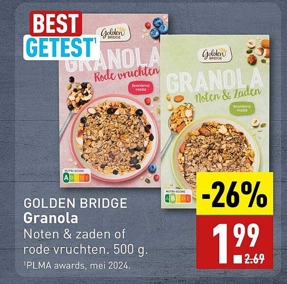 Golden Bridge Granola Noten & Zaden Of Rode Vruchten aanbieding bij ALDI