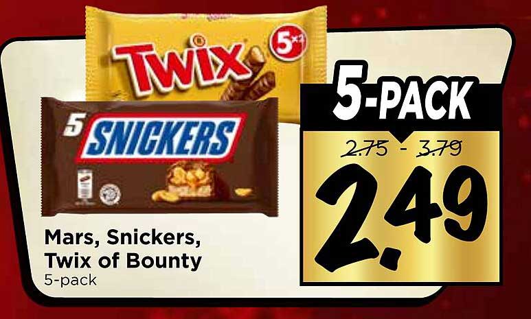 Mars, Snickers, Twix Of Bounty 5-Pack Aanbieding bij Vomar - FolderFeest.nl
