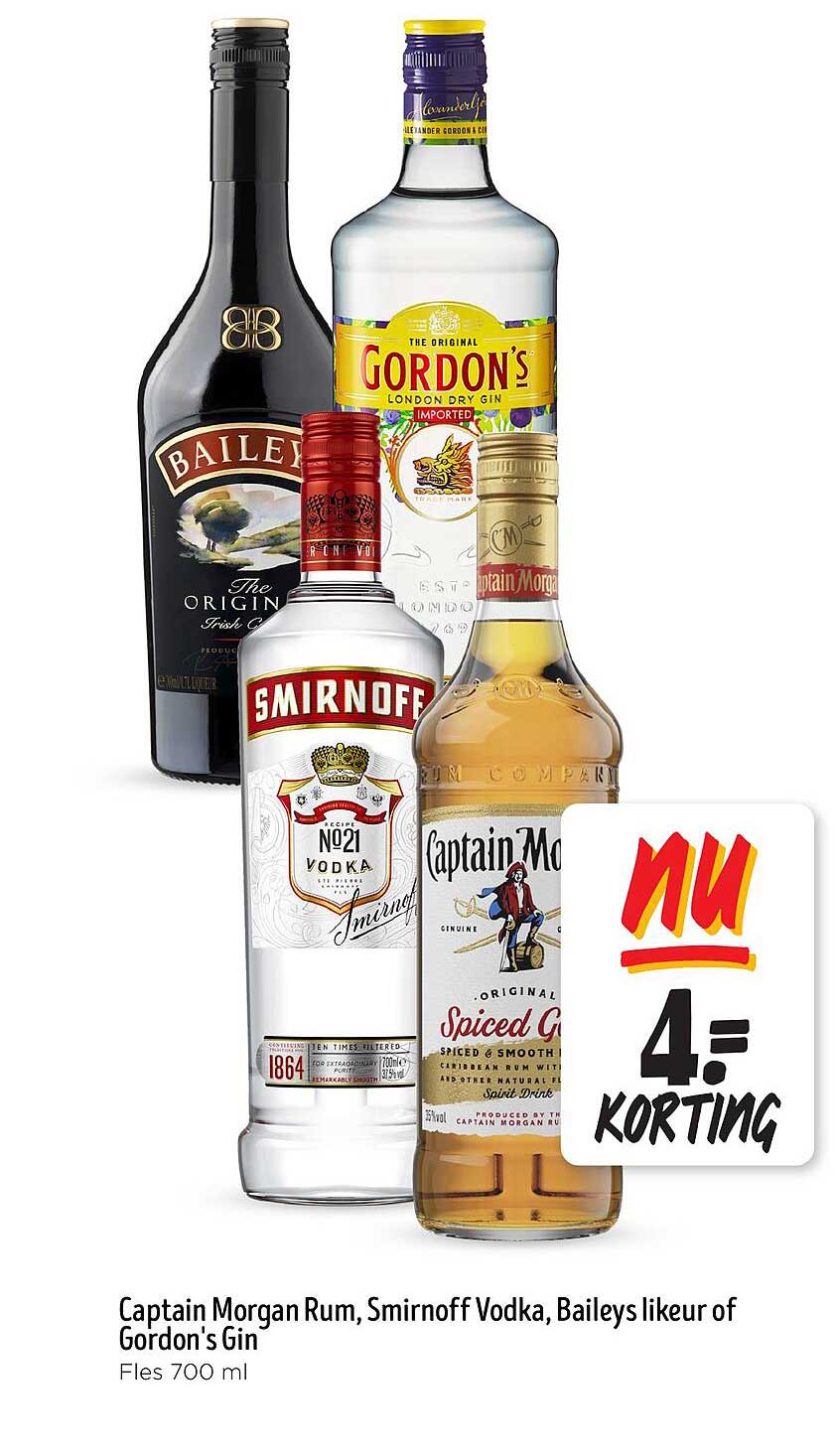 Captain Morgan Rum, Smirnoff Vodka, Baileys Likeur Of Gordon's Gin Fles ...