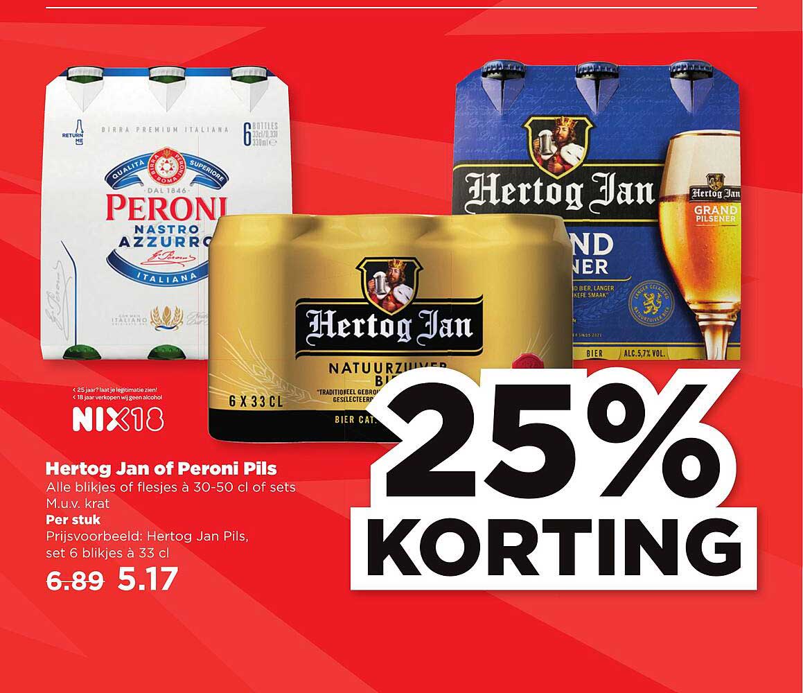 Hertog Jan Of Peroni Pils aanbieding bij PLUS