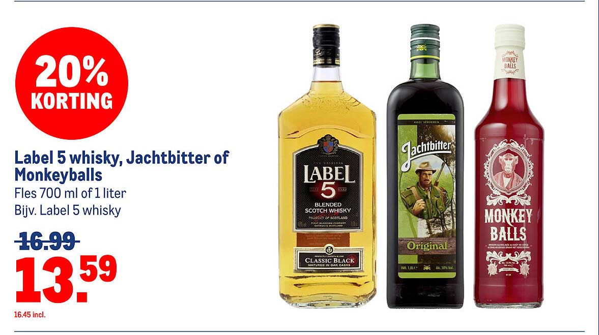Label 5 Whisky, Jachtbitter Of Monkeyballs aanbieding bij Makro
