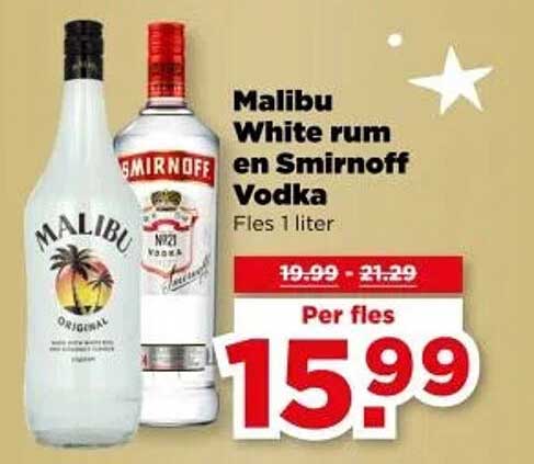 Malibu White Rum En Smirnoff Vodka Fles 1 Liter Aanbieding bij PLUS ...