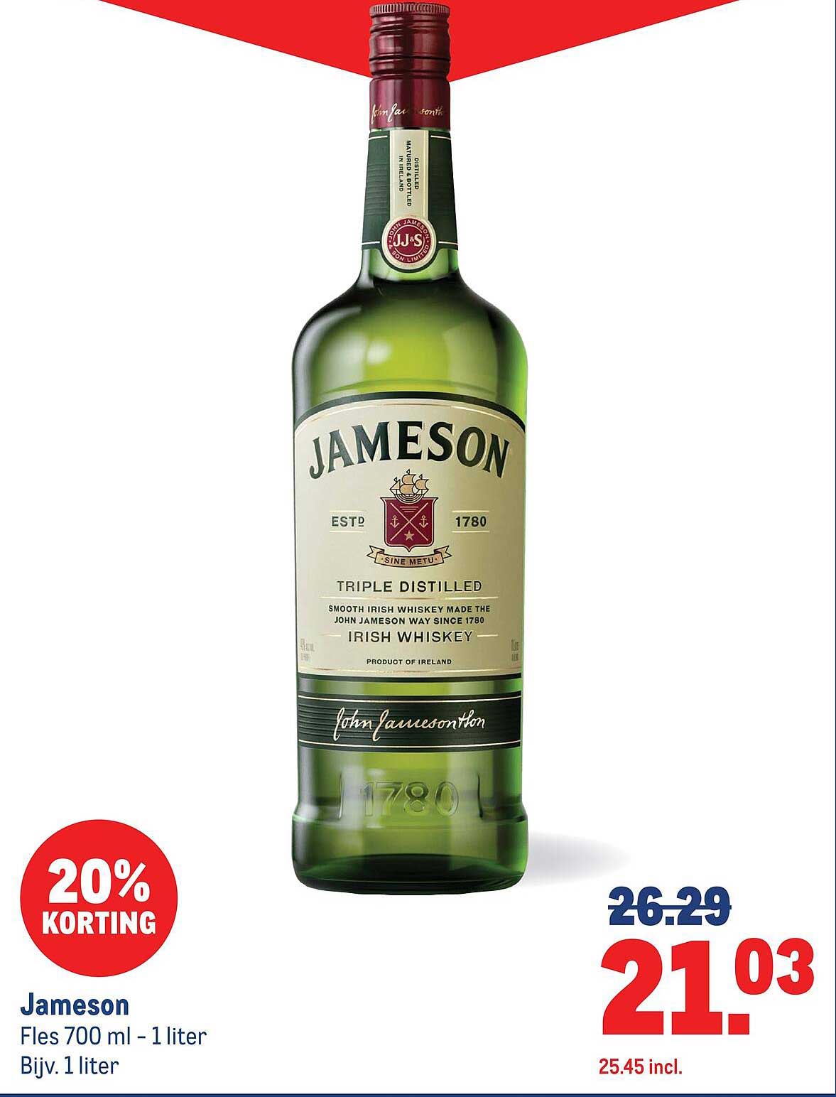 Jameson Fles 700 Ml - 1 Liter Aanbieding bij Makro - FolderFeest.nl
