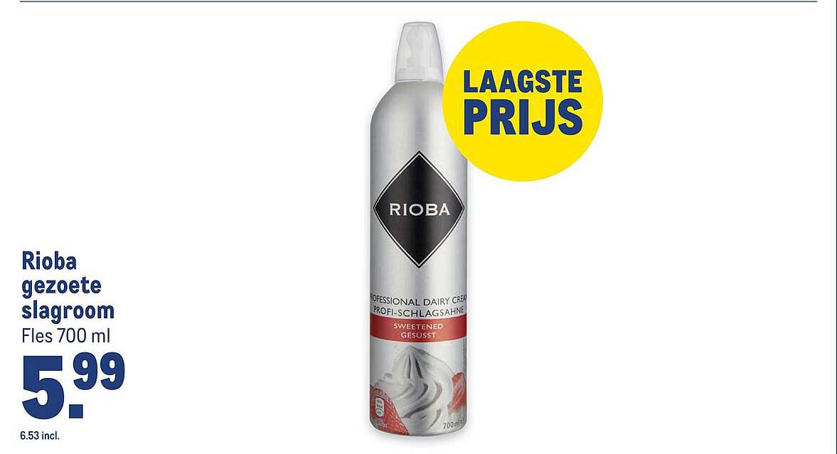 Rioba Gezoete Slagroom Fles 700 Ml Aanbieding bij Makro - FolderFeest.nl