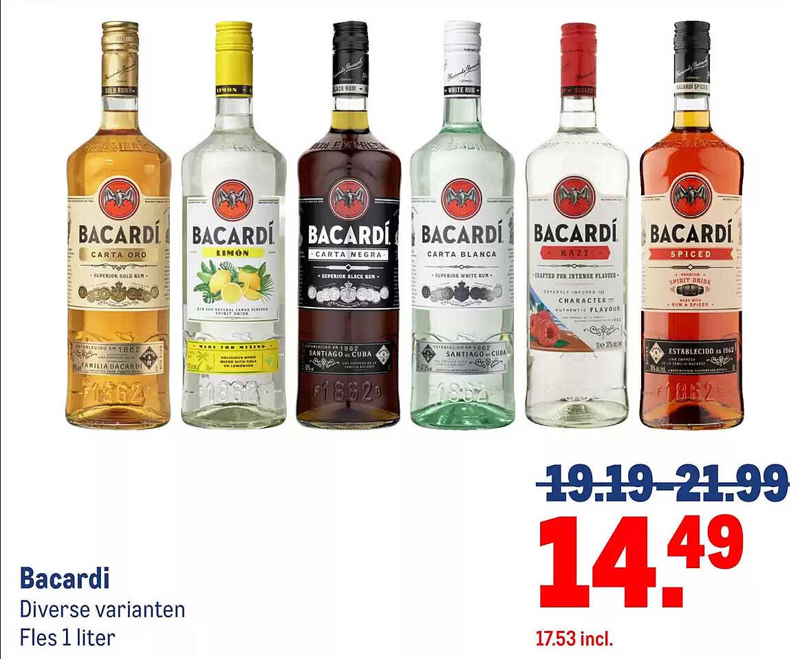 Bacardi Fles 1 Liter aanbieding bij Makro