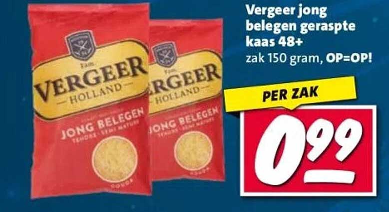 Vergeer Jong Belegen Geraspte Kaas 48+ Zak 150 Gram, Op=Op! Aanbieding ...