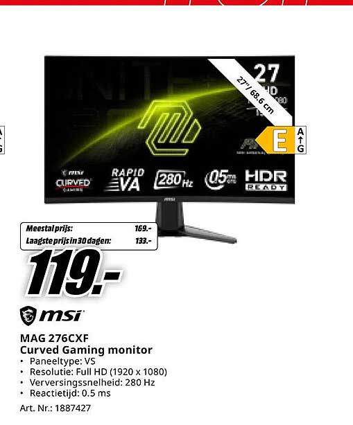 Msi Mag 276Cxf Curved Gaming Monitor Aanbieding bij MediaMarkt ...