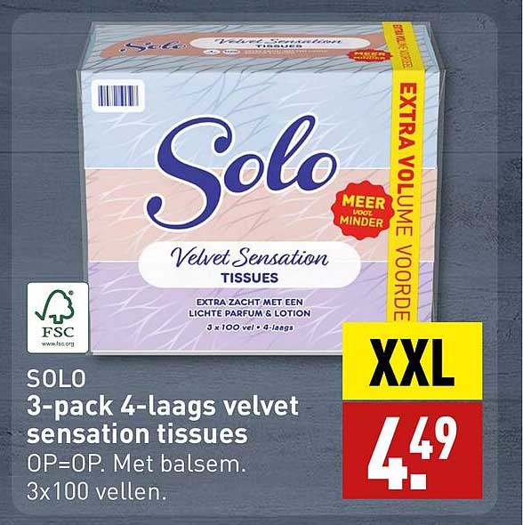 Solo 3-Pack 4-Laags Velvet Sensation Tissues aanbieding bij ALDI