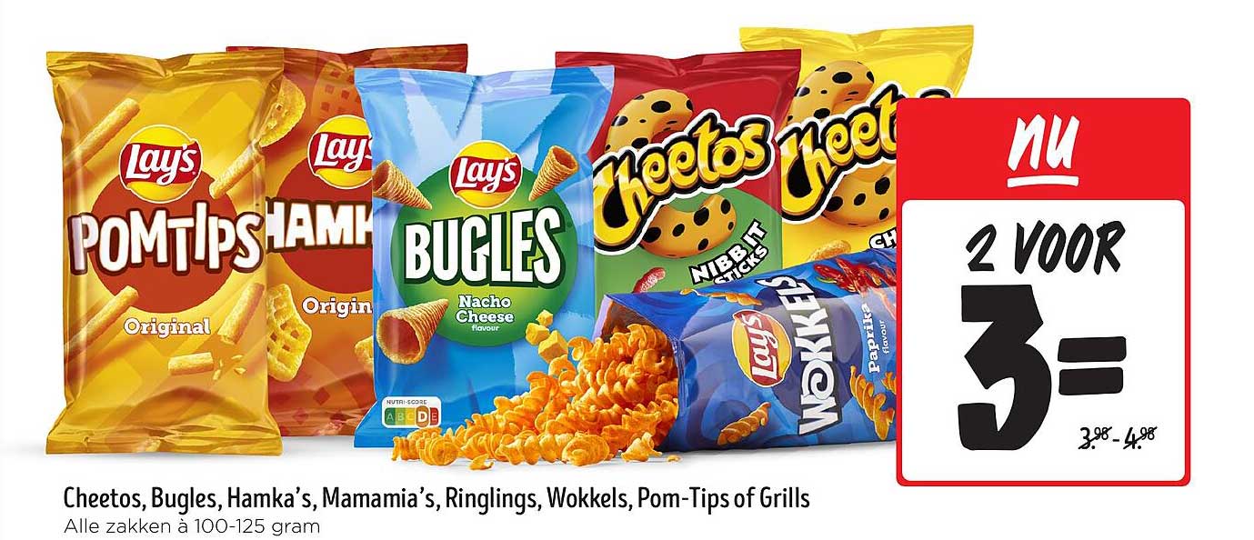 Lay's Bugles, Cheetos, Hamka's, Ringlings Of Mama Mia's Aanbieding bij ...