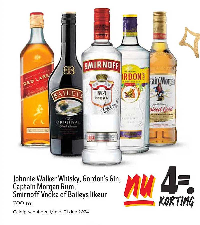 Johnnie Walker Whisky, Gordon's Gin, Captain Morgan Rum, Smirnoff Vodka ...