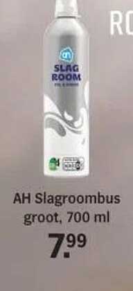 Ah Slagroombus Groot, 700 Ml Aanbieding bij Albert Heijn - FolderFeest.nl