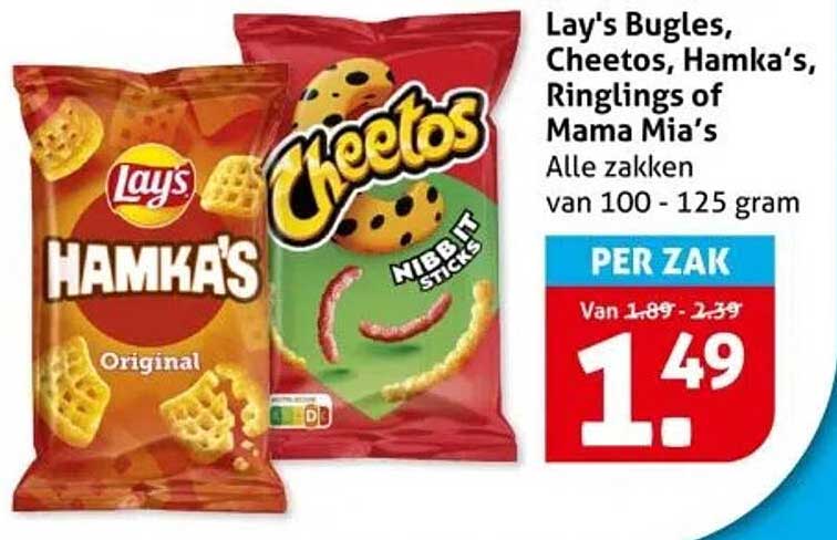 Lay's Bugles, Cheetos, Hamka's, Ringlings Of Mama Mia's Aanbieding bij ...