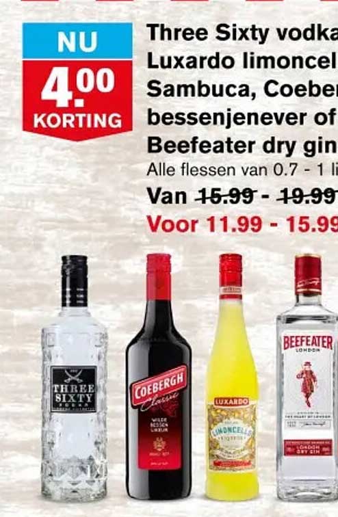 Three Sixty Vodka, Luxardo Limoncello, Sambuca, Coebergh Bessenjenever ...