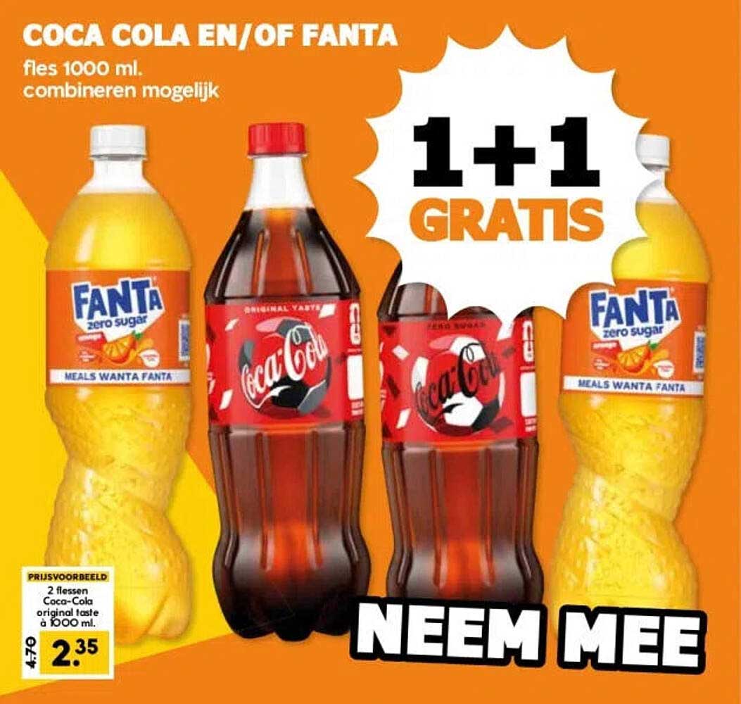Coca Cola En/Of Fanta Fles 1000 Ml. Combineren Mogelijk 1+1 Gratis ...