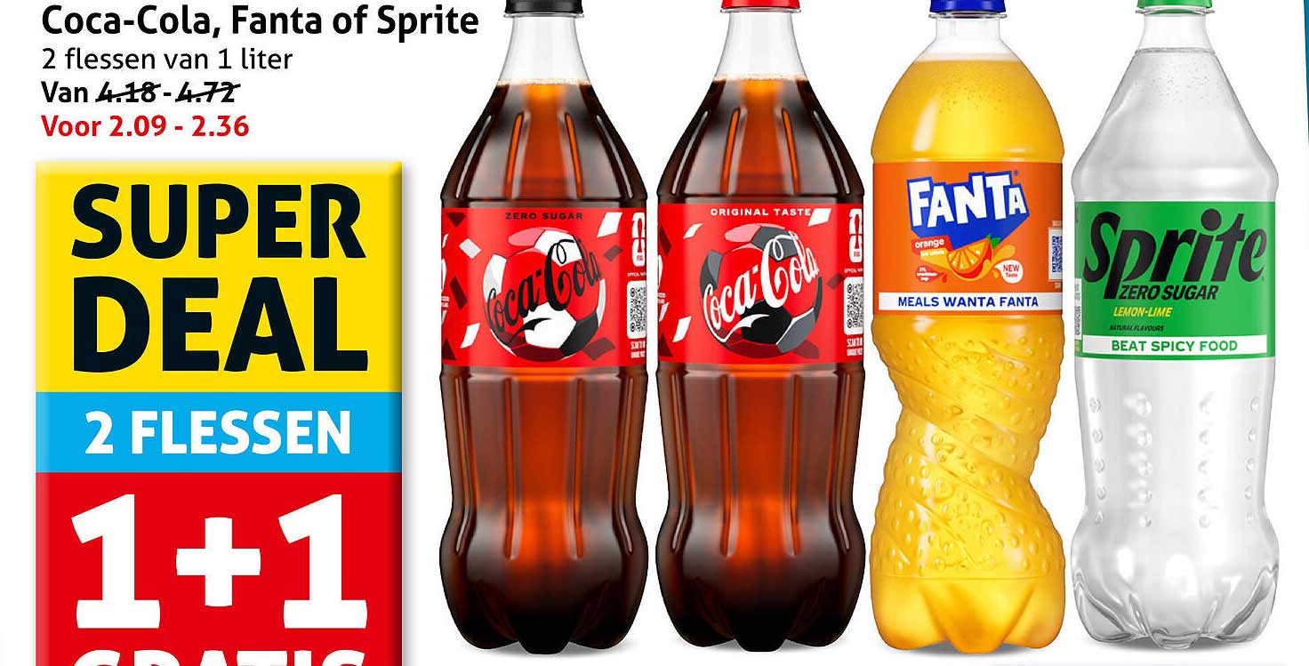Coca-Cola, Fanta Of Sprite 2 Flessen Van 1 Liter 1+1 Gratis Aanbieding ...