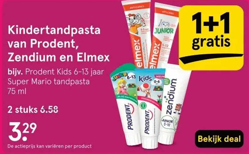 Kindertandpasta Van Prodent, Zendium En Elmex 1+1 Gratis Aanbieding bij ...