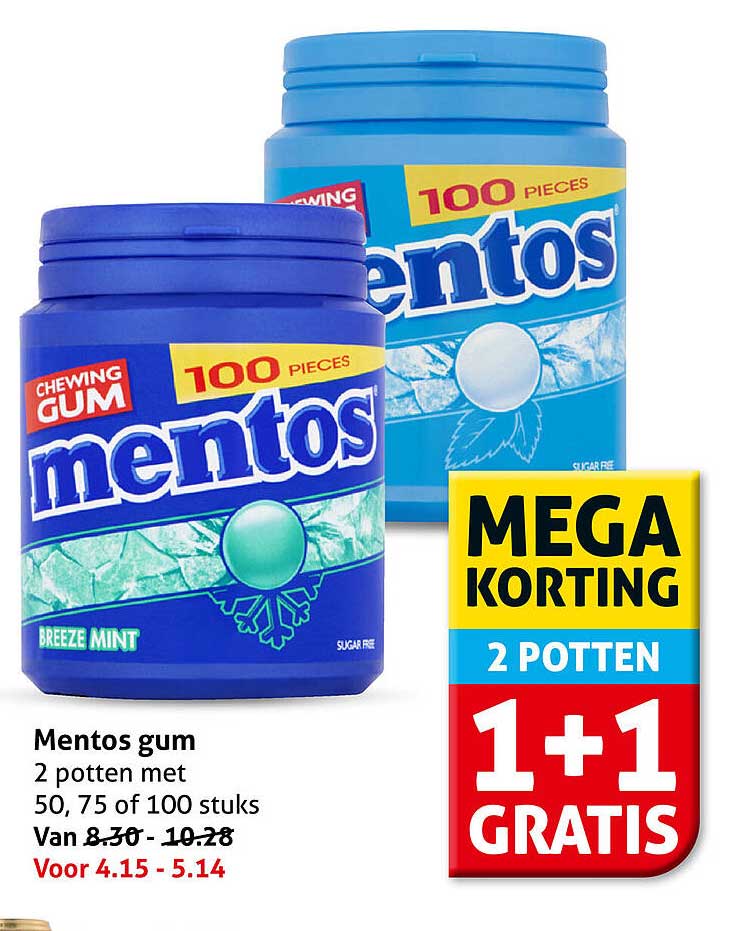 Mentos Gum 2 Potten Met 50, 75 Of 100 Stuks 1+1 Gratis Aanbieding bij ...