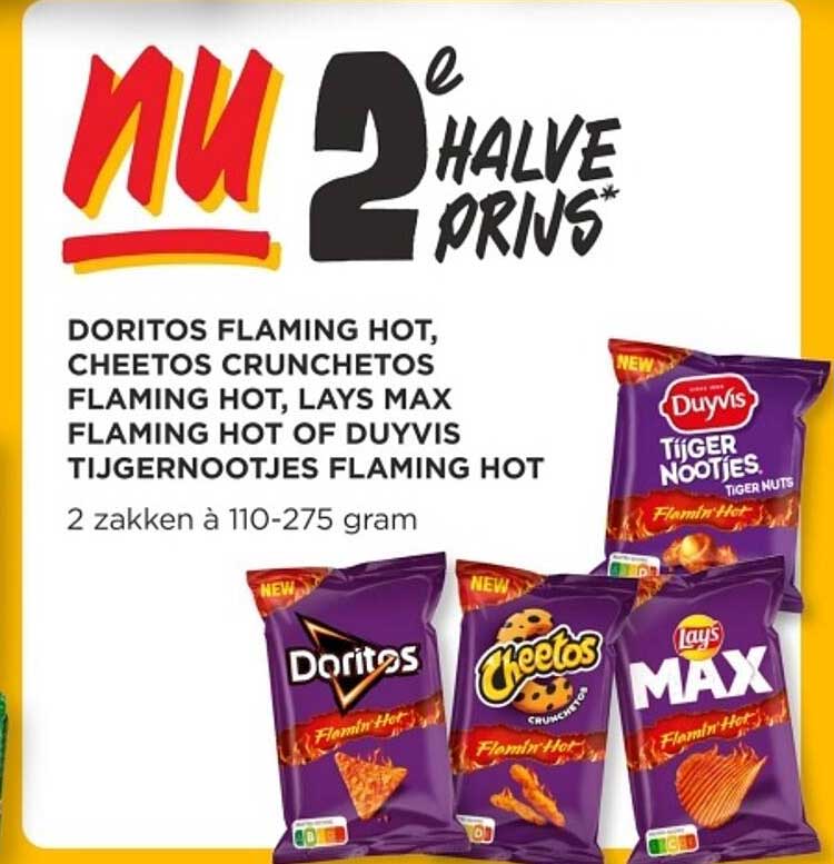 Nu 2E Halve Prijs* Doritos Flaming Hot, Cheetos Crunchetos Flaming Hot ...